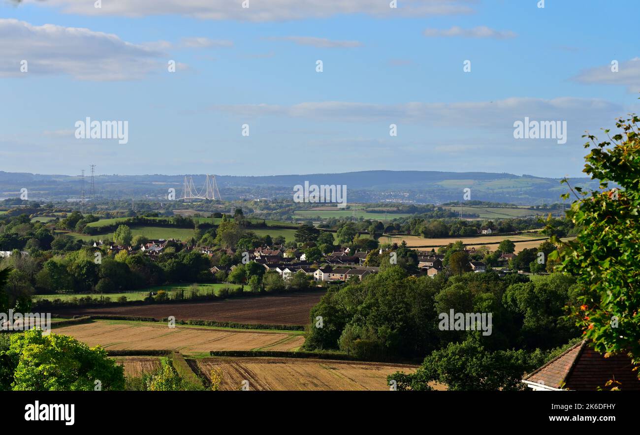 Looking over the flat landscape of Severn Valley toward the Aust bridge ...
