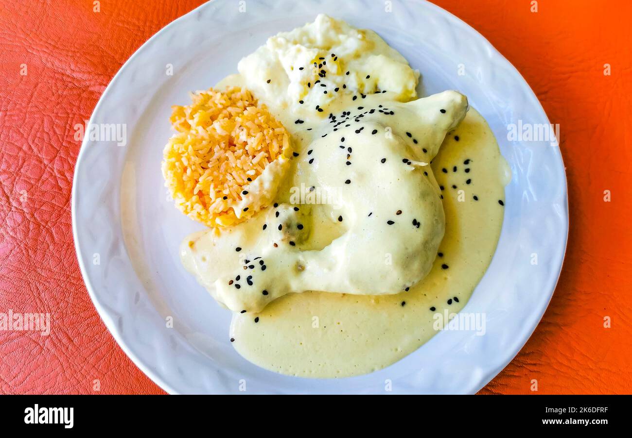 Typical Mexican dish with rice meat chicken leg nachos tacos in Playa ...