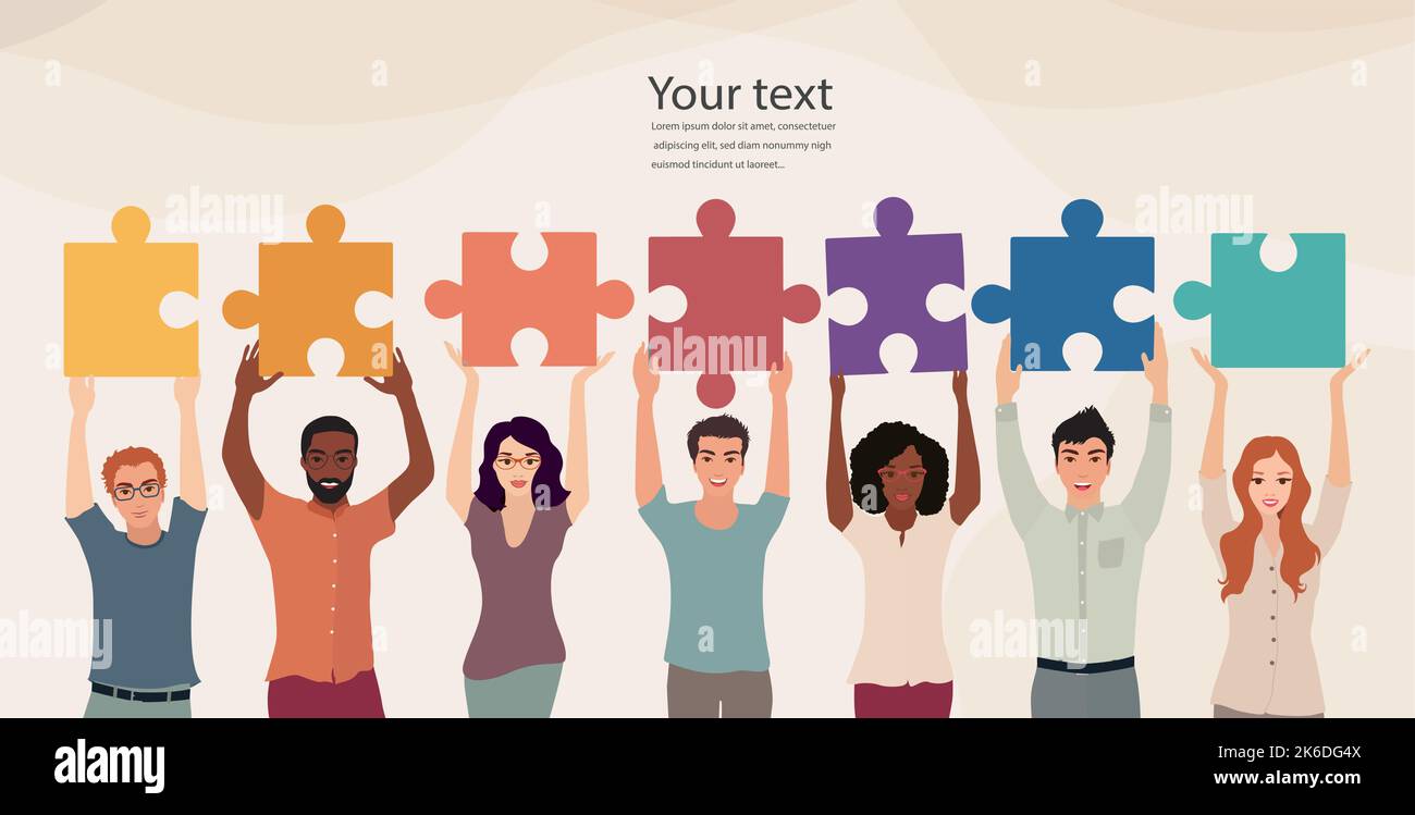 Group of diverse culture people with raised hands holding and connecting jigsaw puzzle pieces ...