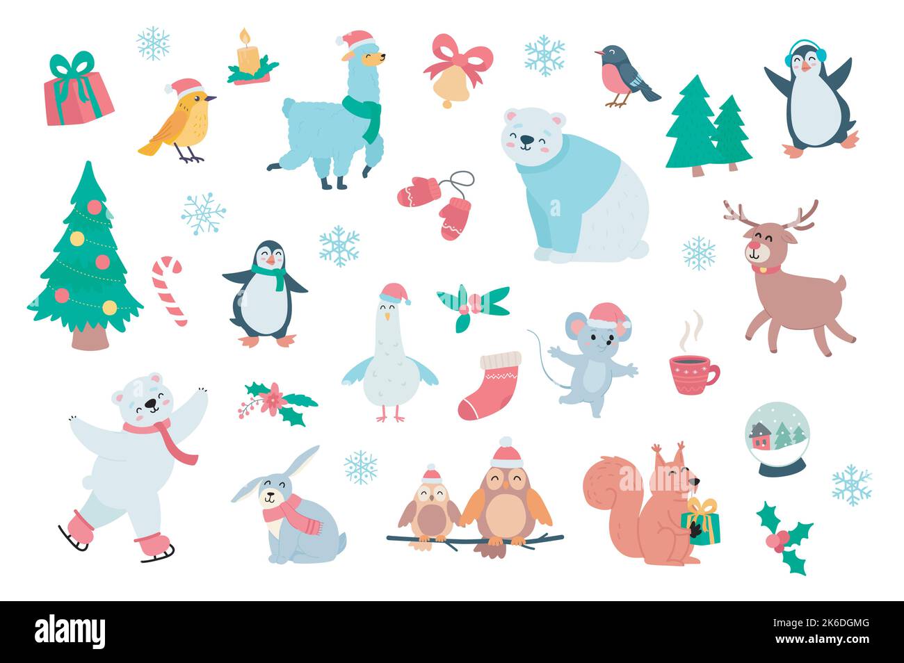 Happy animals and winter holidays set with cute cartoon elements in ...