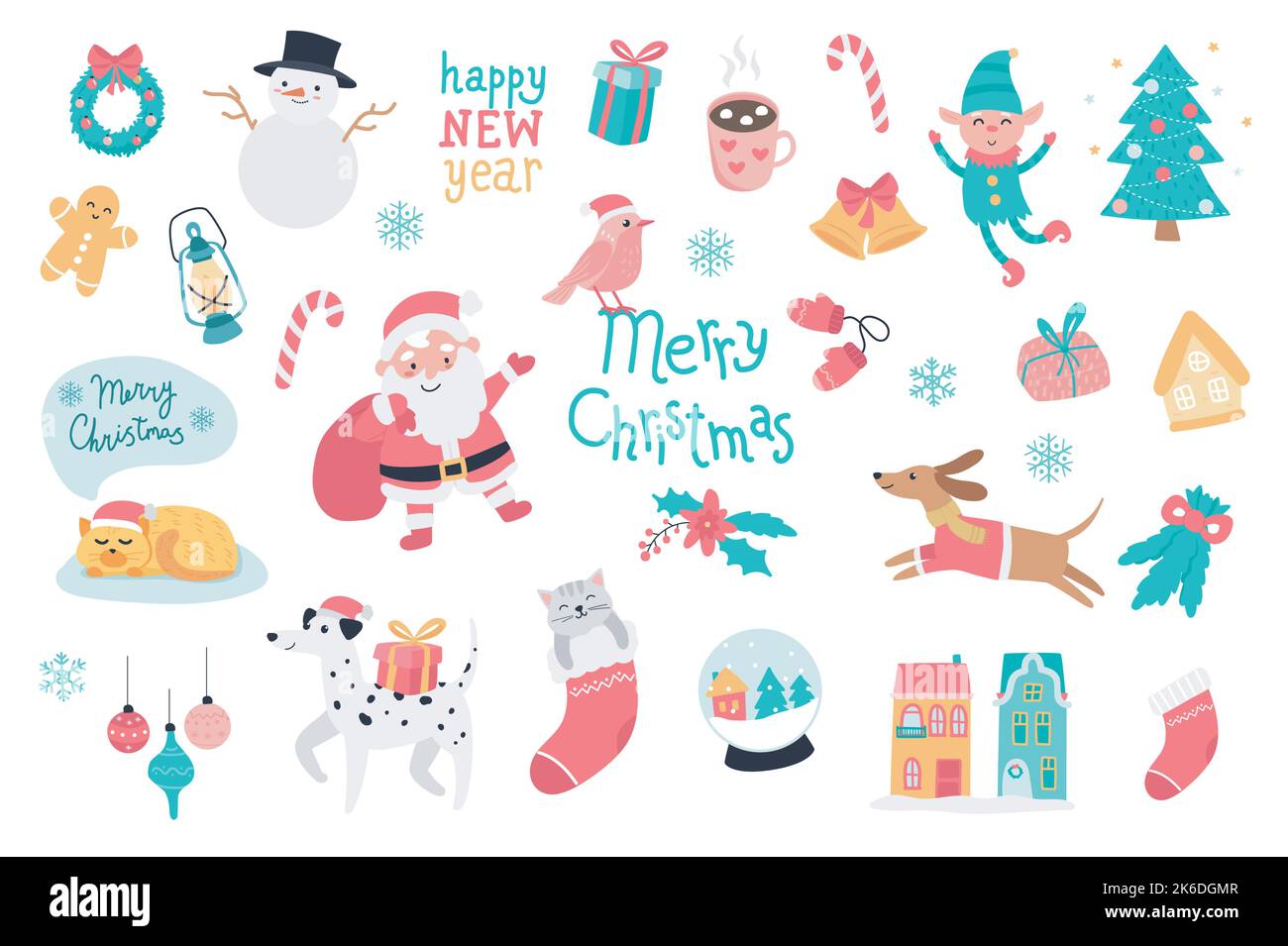 Merry Christmas set with cartoon elements in flat design. Bundle of ...