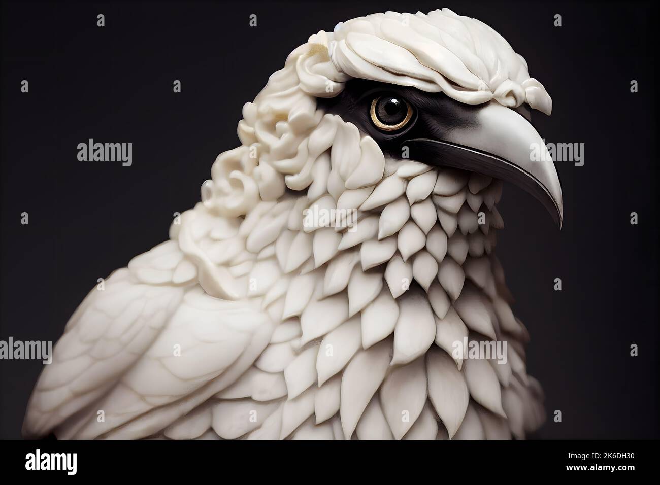 Drawing of a marble sculpture of a bird. Closeup. Black background. 3D ...