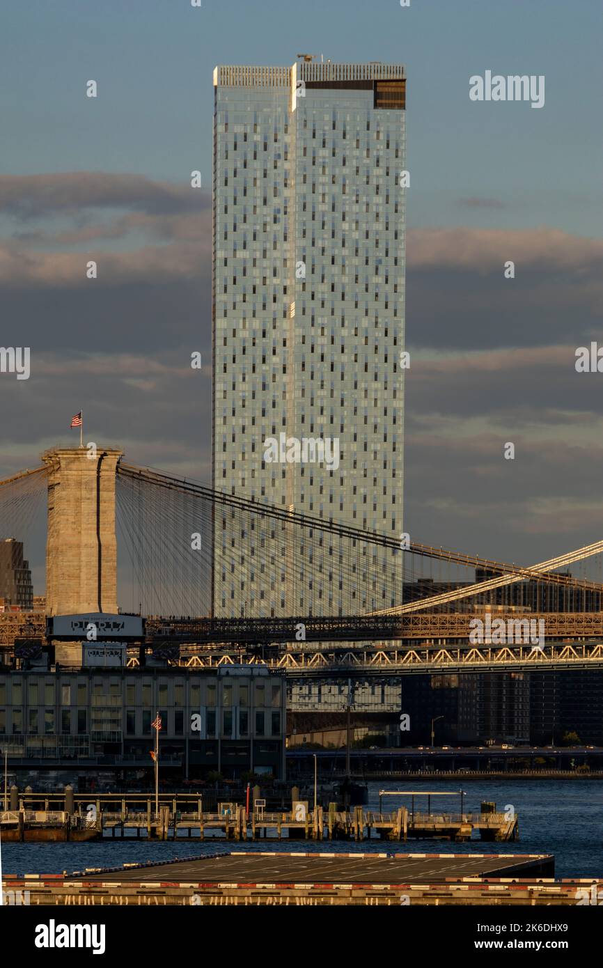 view from New York Harbor towards Brooklyn and Manhattan bridges and ...