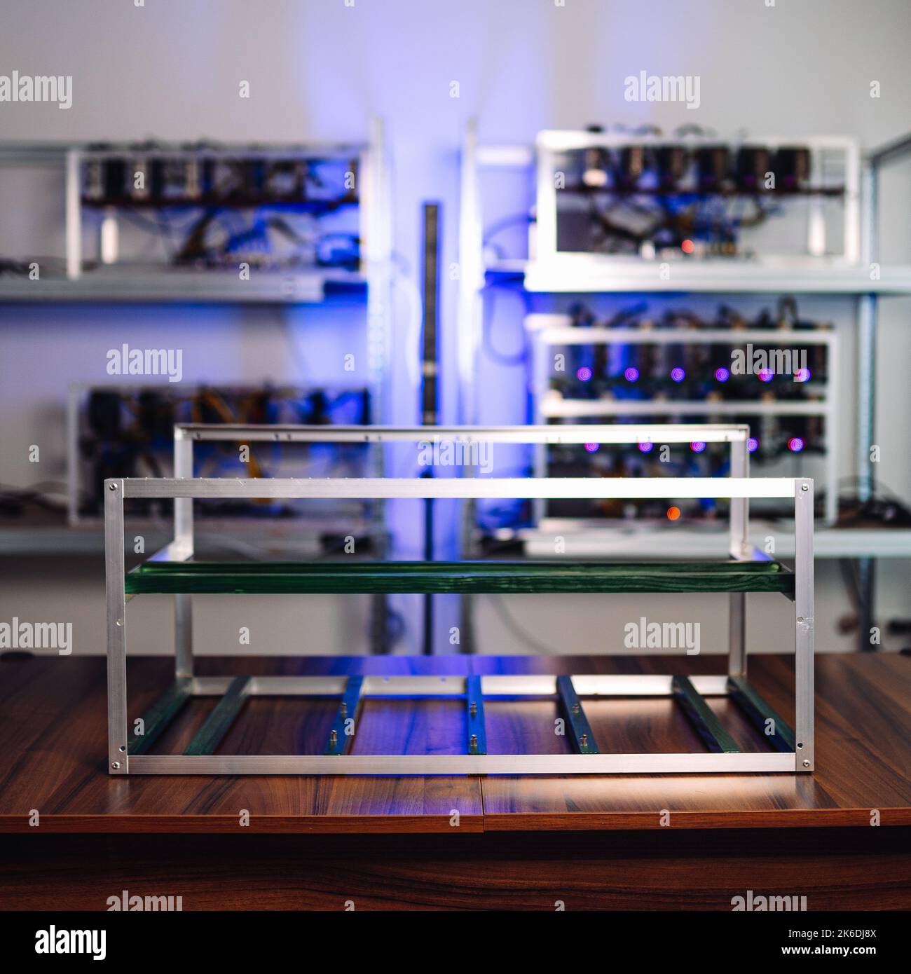 A selective focus shot of stackable open air mining rig frame miner ...