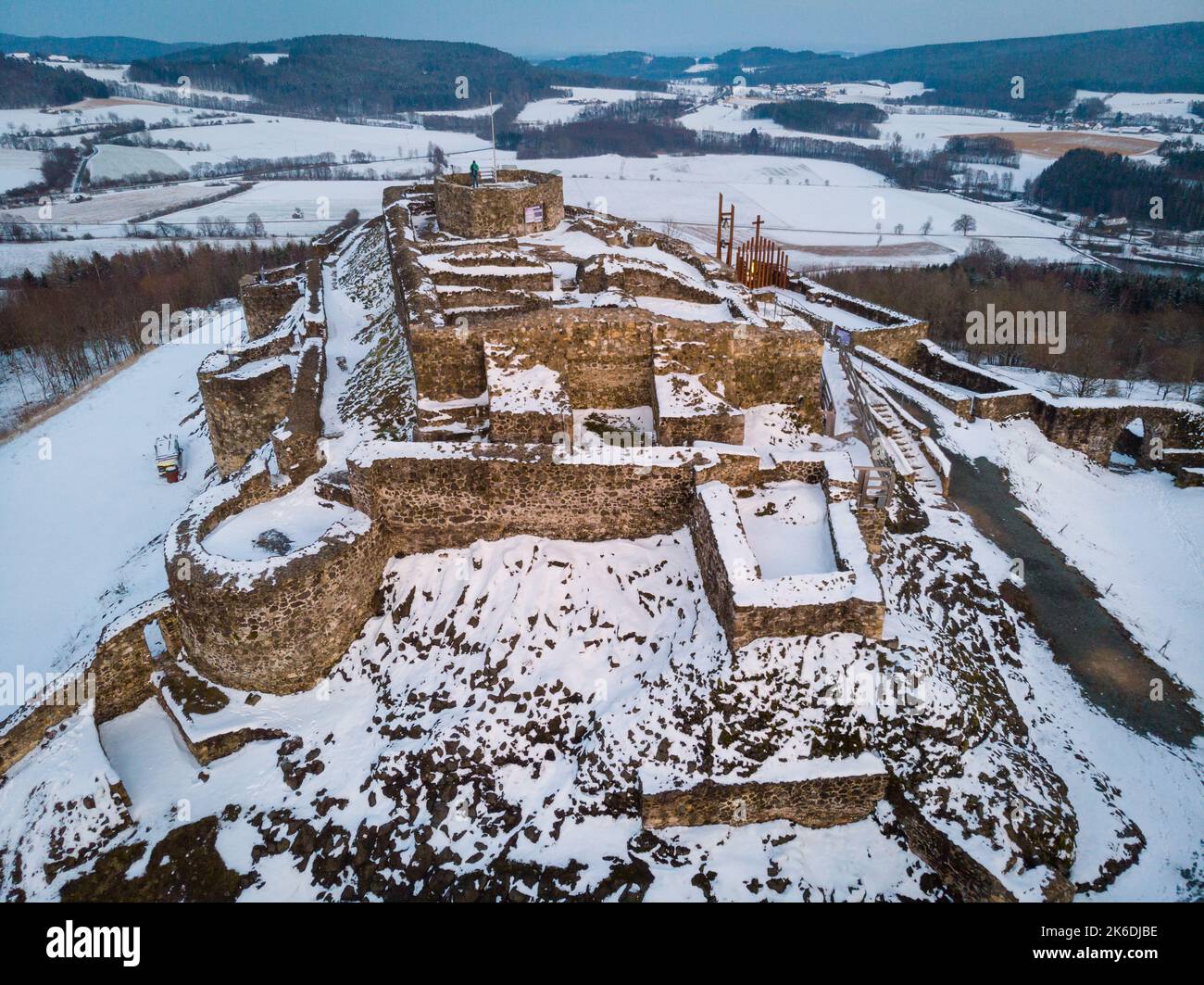 A high-angle view of a snowy Castle ruin near Kemnath in Bayern Germany ...