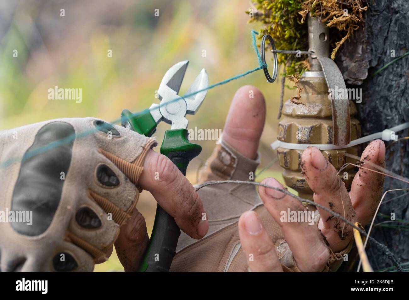 Close-up photo - a sapper clears a booby trap. The wire cutters cutting ...