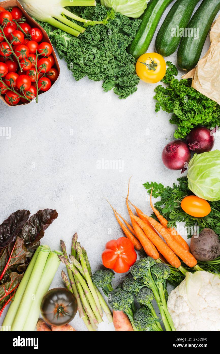 Variety of organic vegetables broccoli cauliflower carrots tomatoes ...