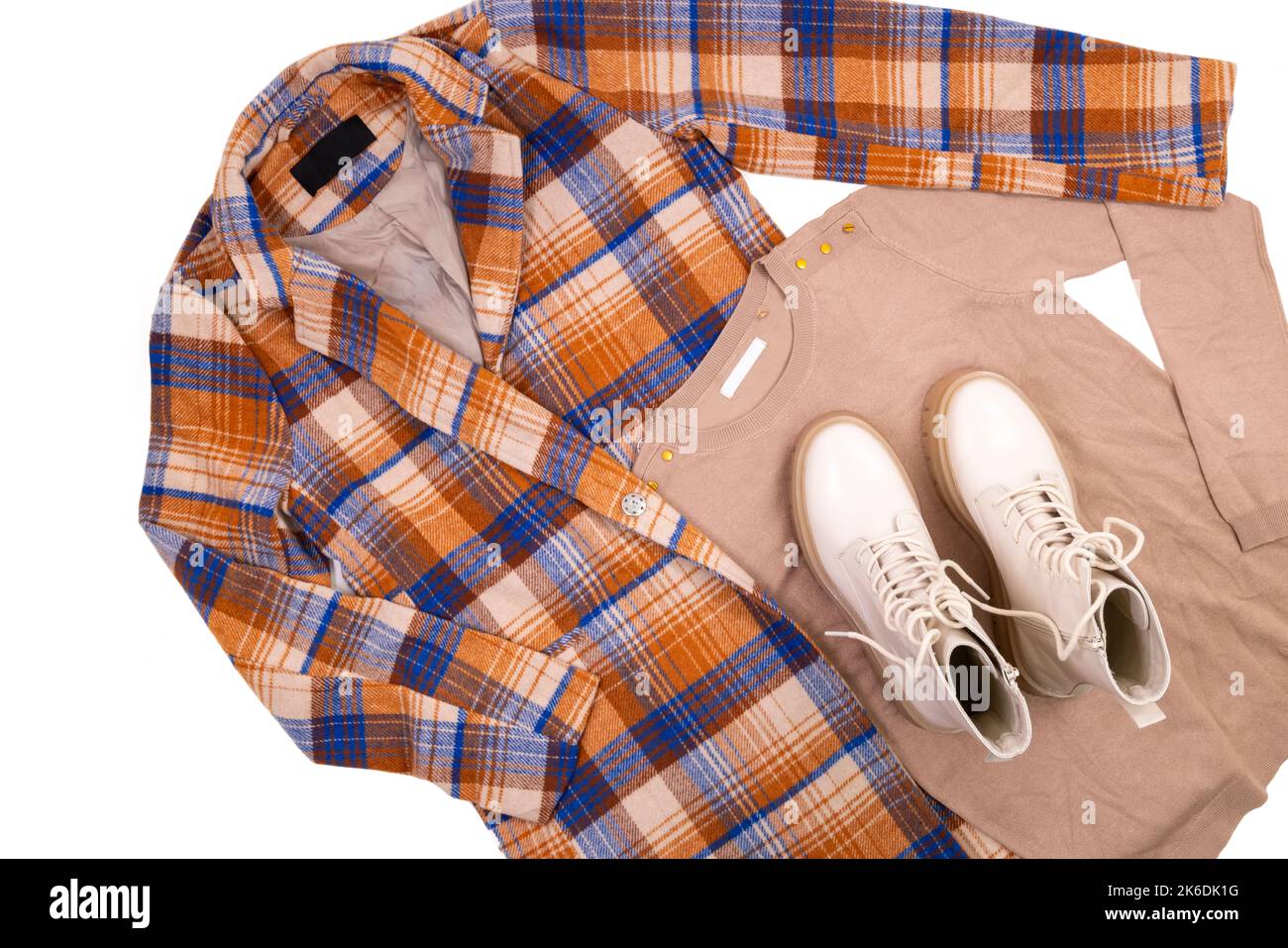 Flat lay, top view fashion style look with woman clothes and shoes ...