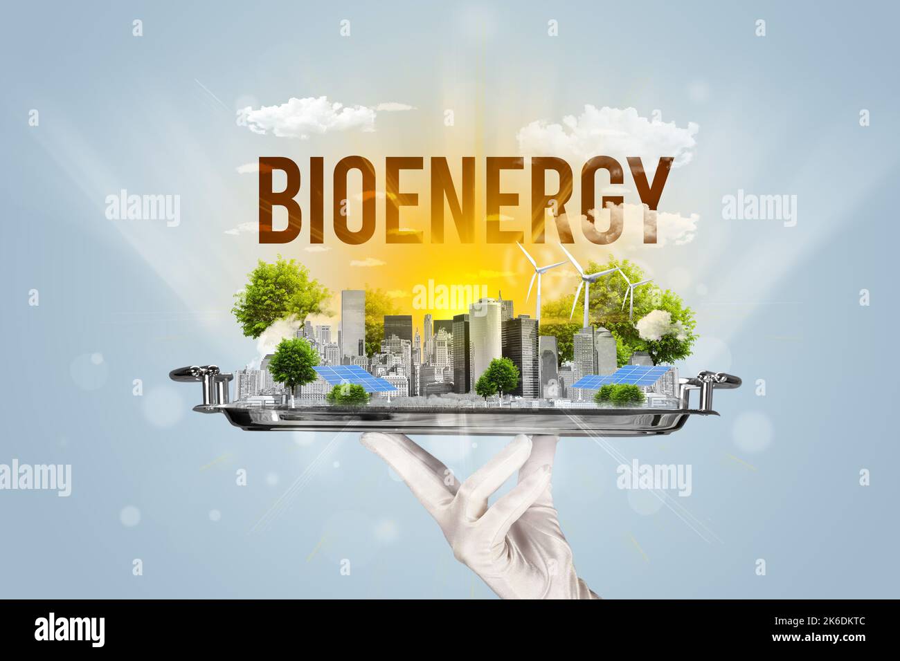 Waiter serving eco cityscape concept Stock Photo - Alamy