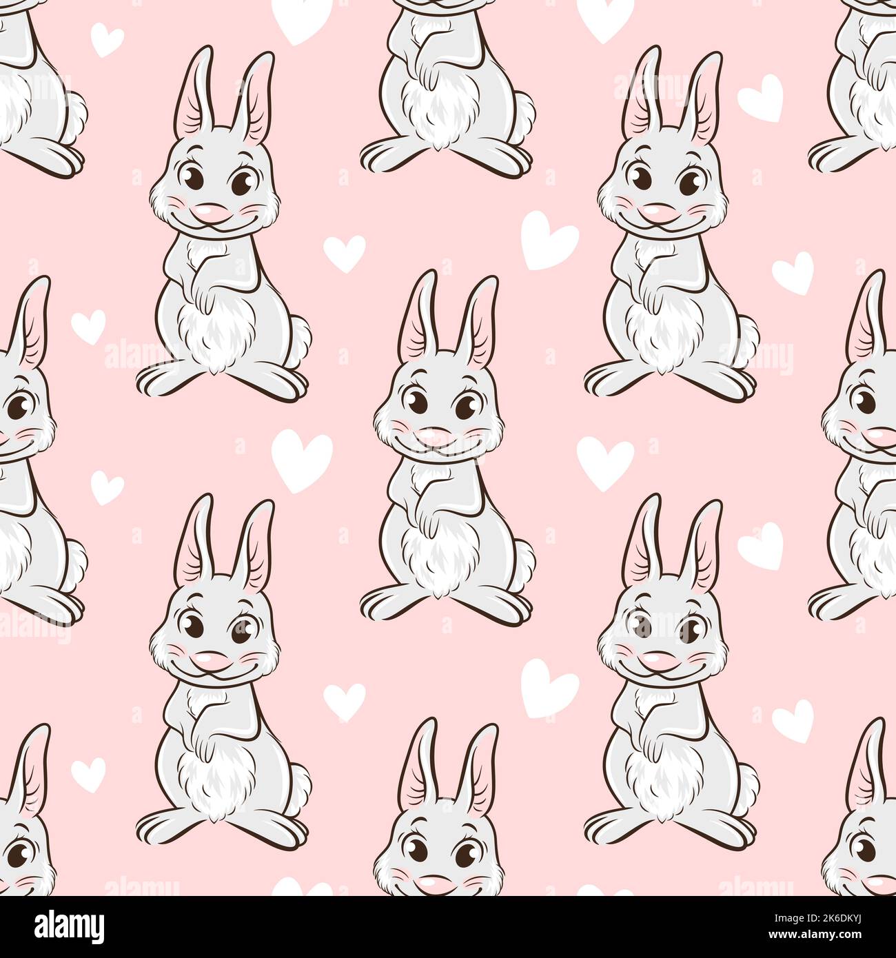 Vector Seamless Pattern with Cute and Funny Rabbit, Hare in Love, Line ...