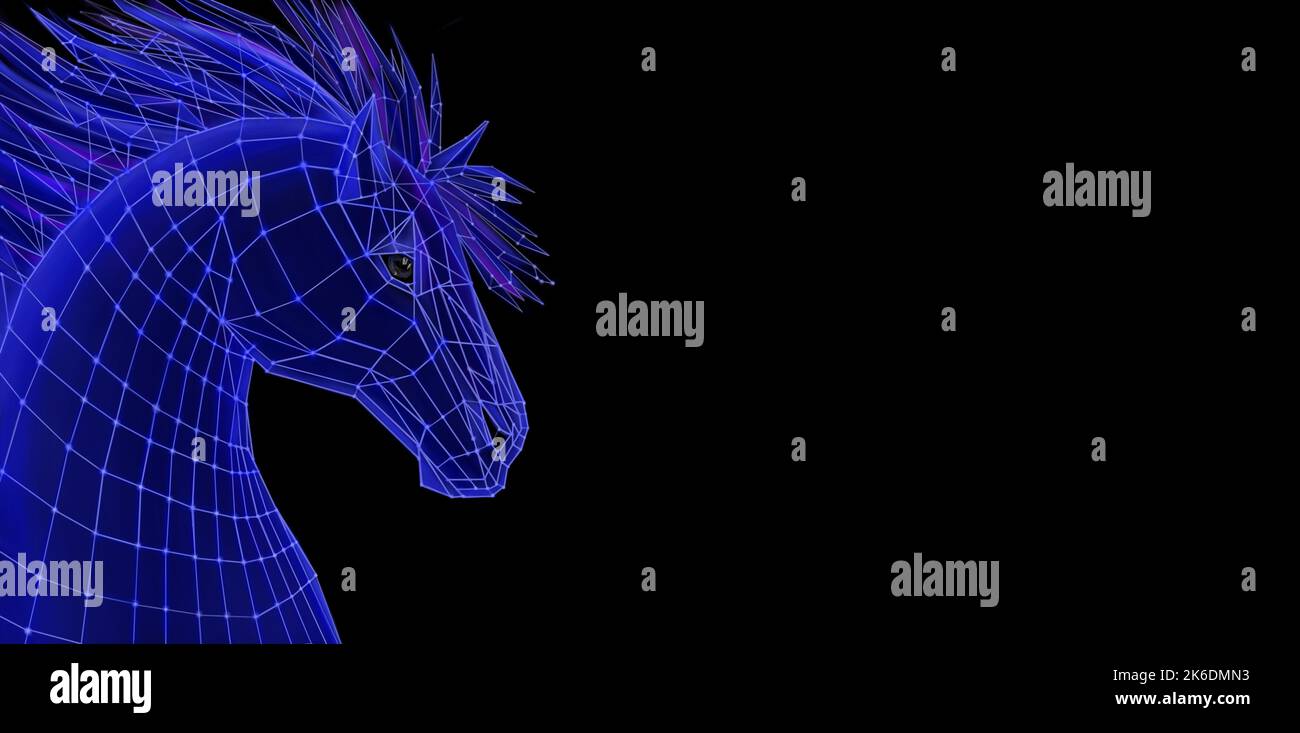 knight, hors, low poly. Dots, lines, triangles on black background ...