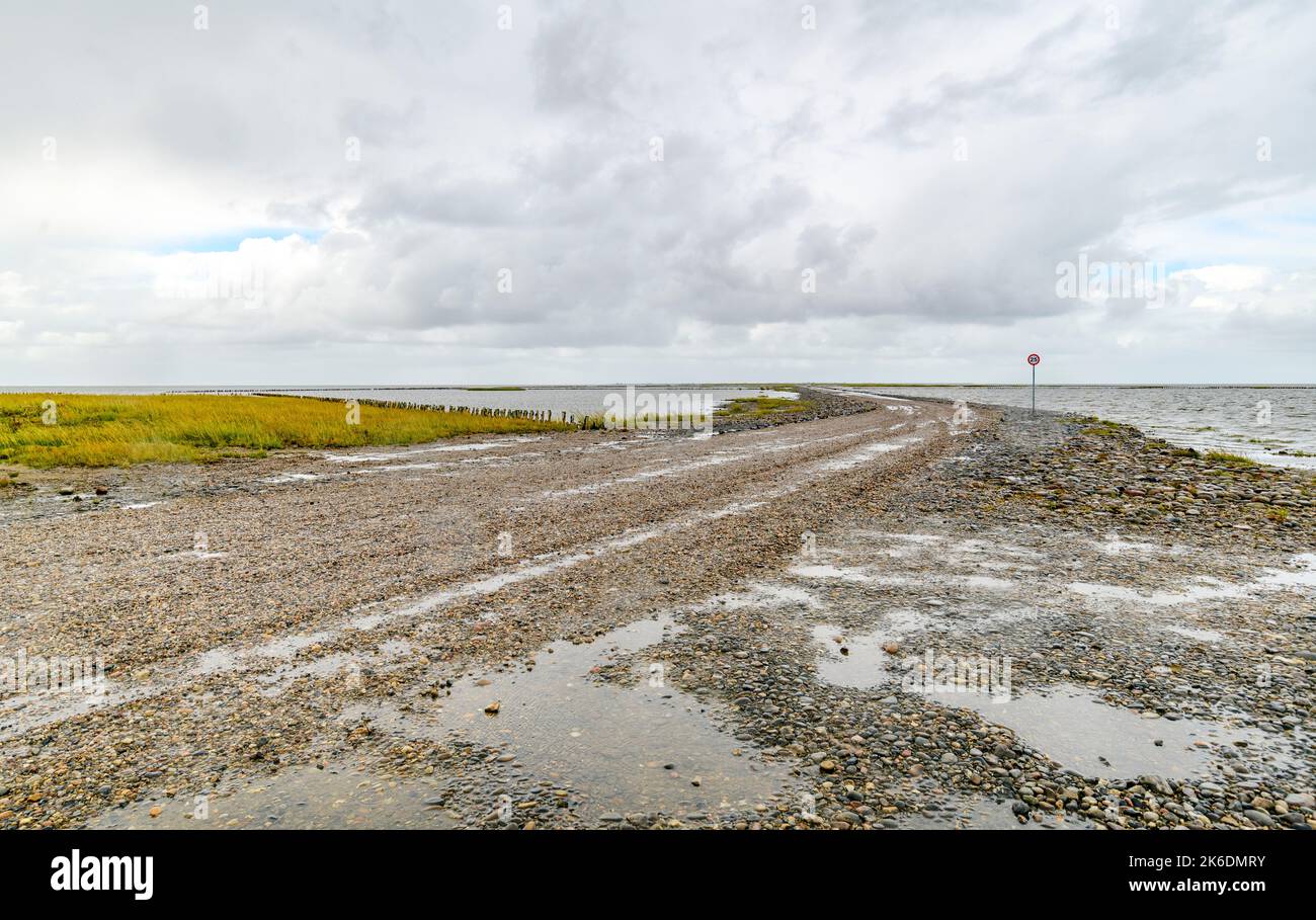 Tidal road to the island Mandö, south-western Jylland, Denmark. The ...