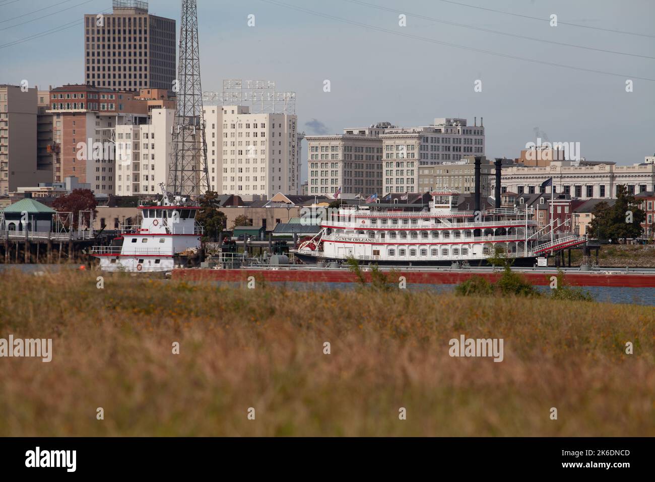 The mv. Mary Kay pushes a tow of barges downriver past New Orleans, La ...