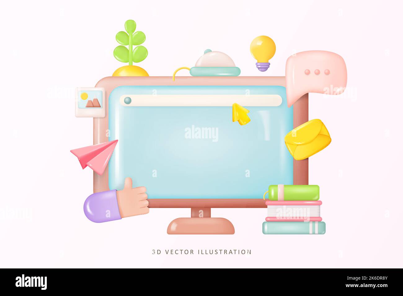 Online Education E Learning Home Concept 3d Desktop Computer Blank Screen Monitor Symbols