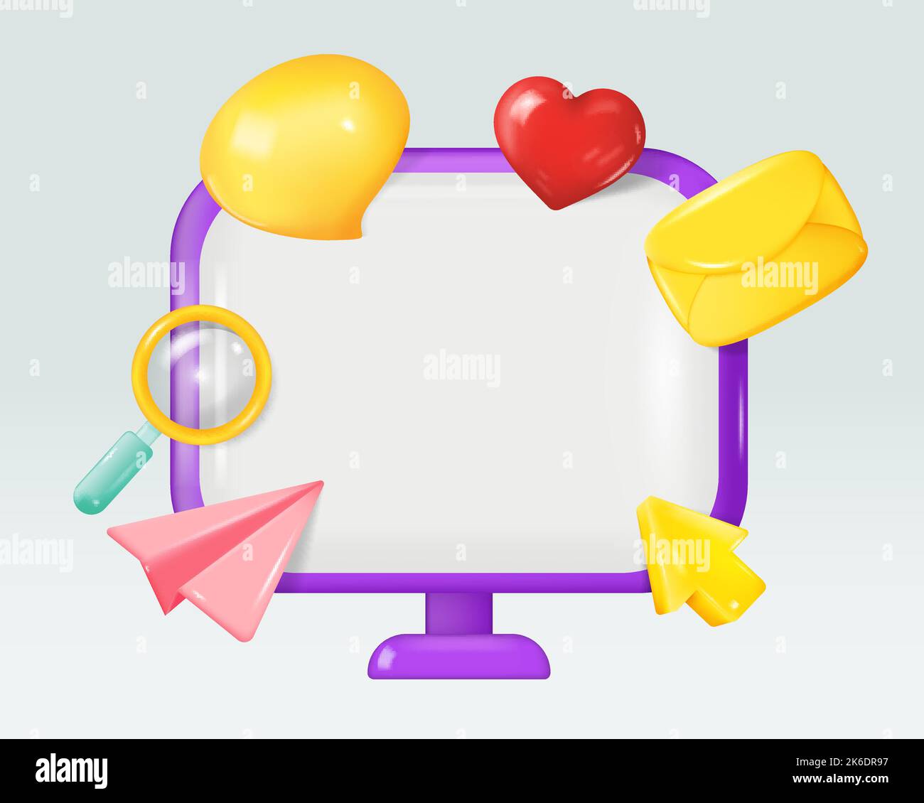 Desktop Computer, Blank Screen Monitor. Symbols Social Network and Media Communication. 3D ...