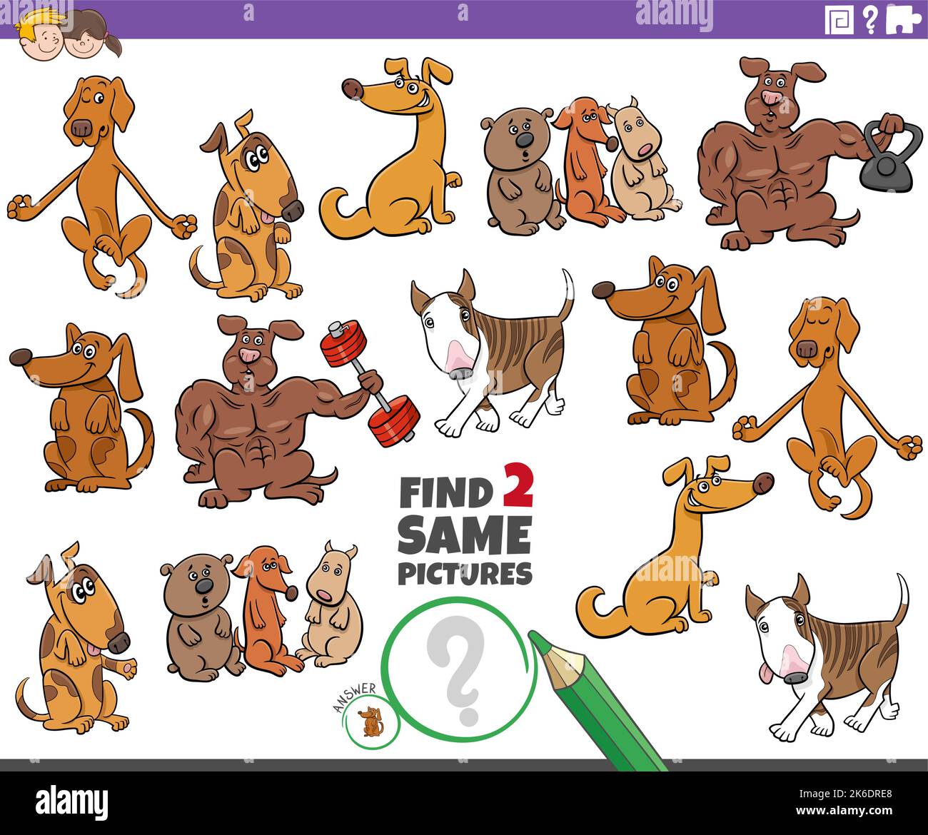 Cartoon illustration of finding two same pictures educational task with ...