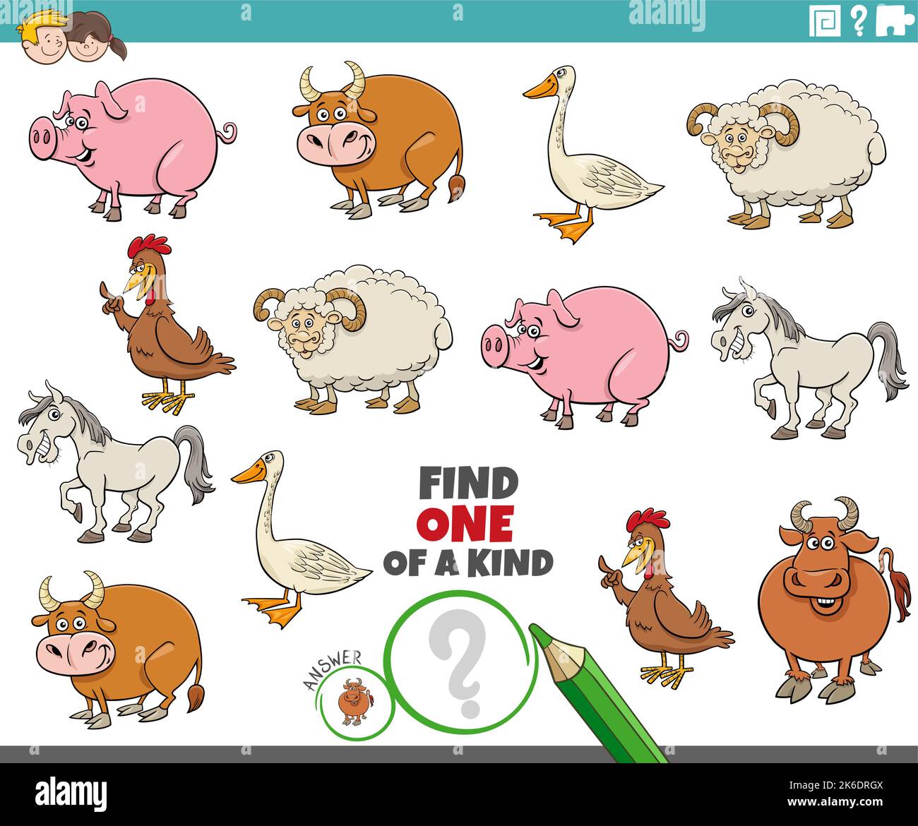 Cartoon illustration of find one of a kind picture educational game ...