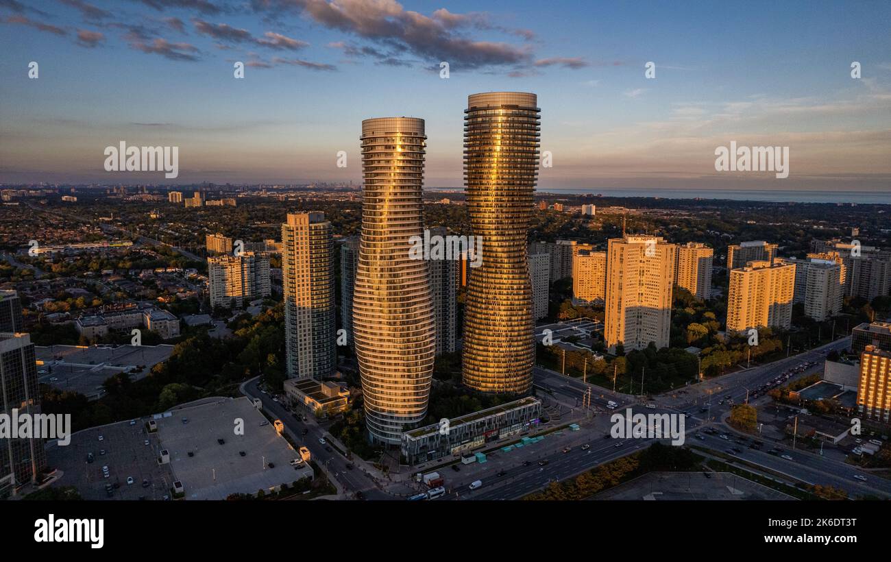 An aerial view of the Absolute world twin tower skyscraper complex in Canada at sunset Stock ...