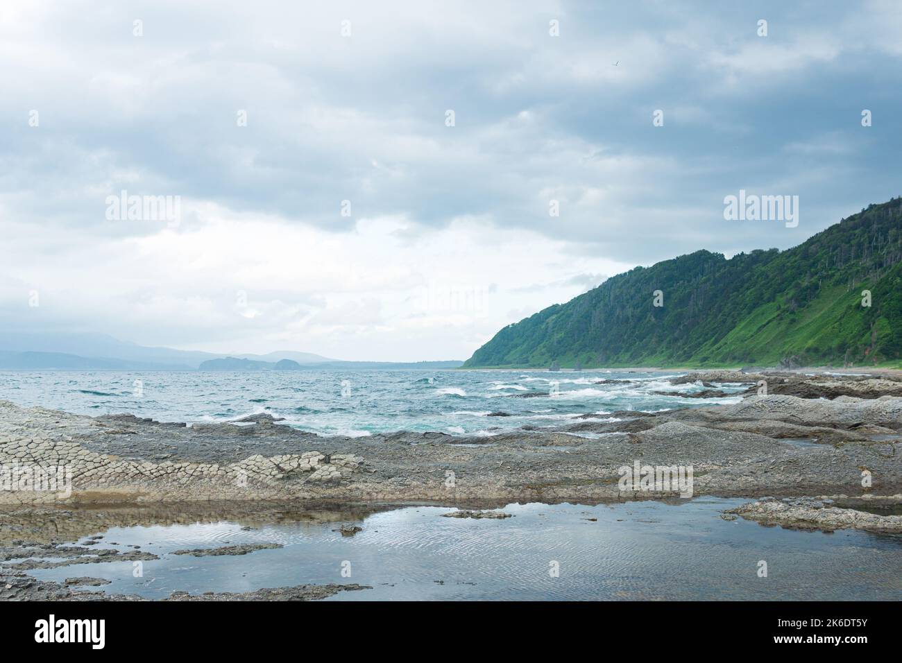 coastal landscape with beautiful columnar basalt cliff on the wooded ...