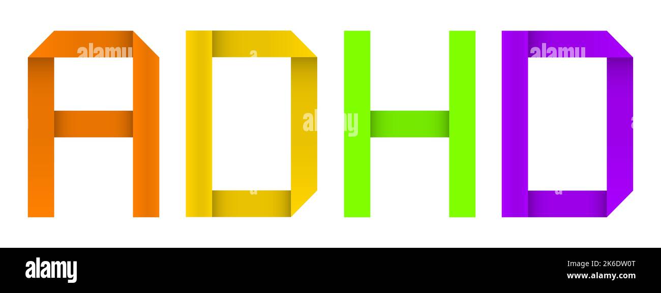 Concept or conceptual paper origami font forming the word ADHD isolated ...