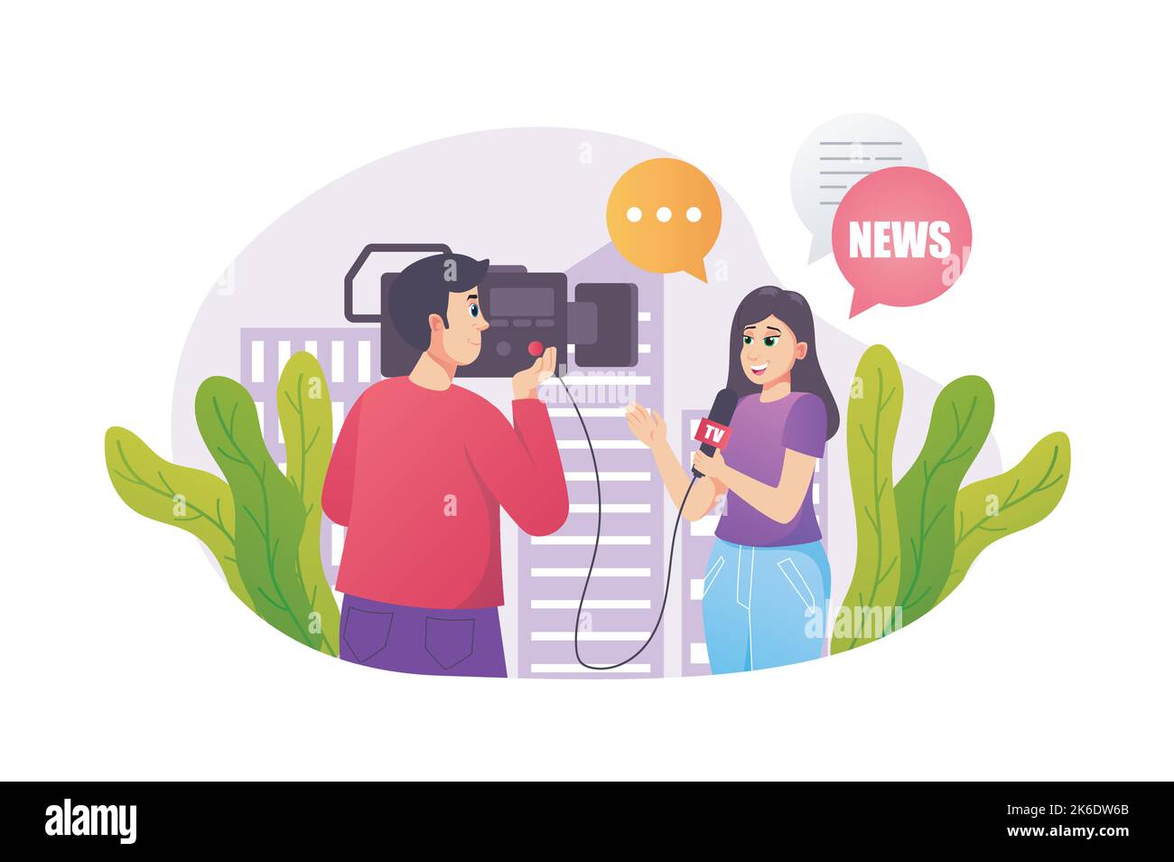 Journalism concept in flat style with people scene. Happy woman reporter tells news into ...