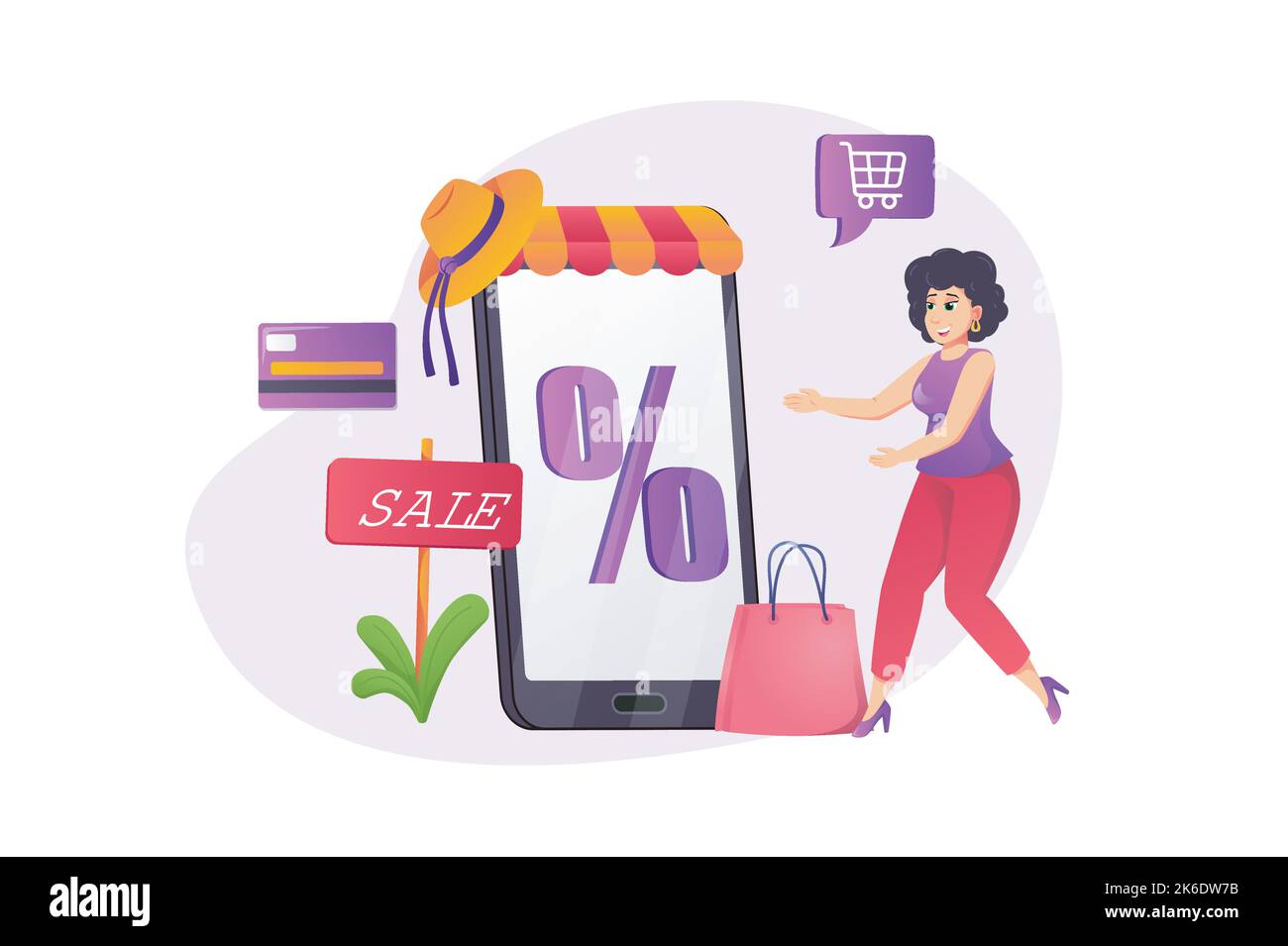 Discount market concept in flat style with people scene. Happy woman ...