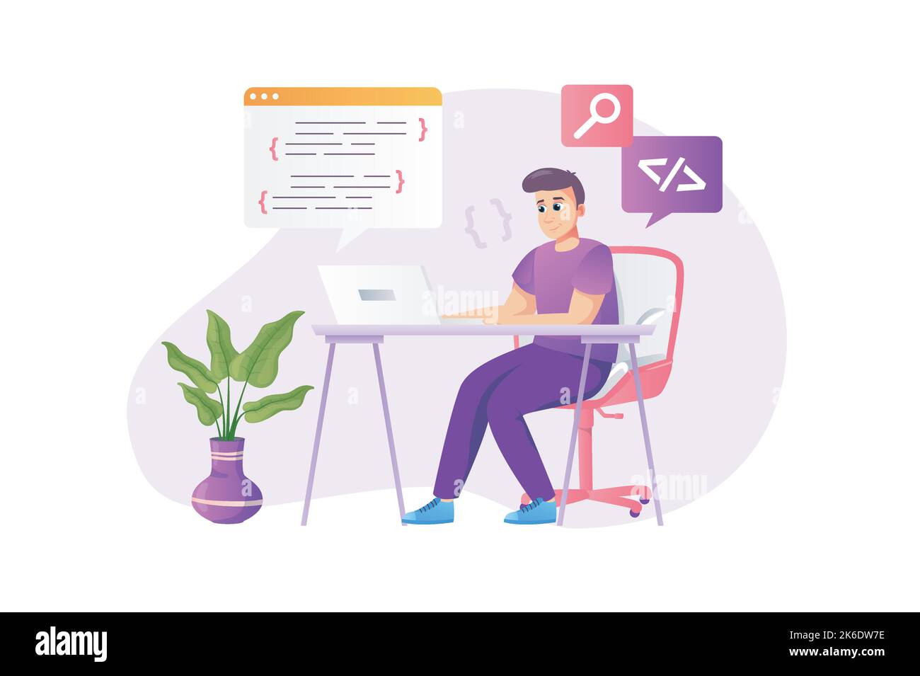 Programmer Working Concept In Flat Style With People Scene Happy Man Coding And Programming At