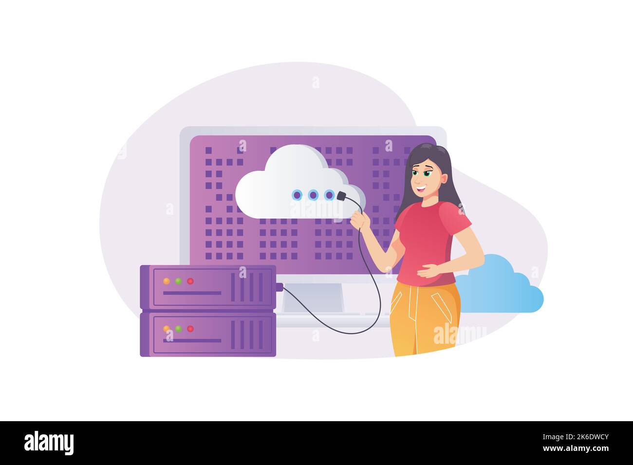 Cloud computing concept in flat style with people scene. Happy woman ...