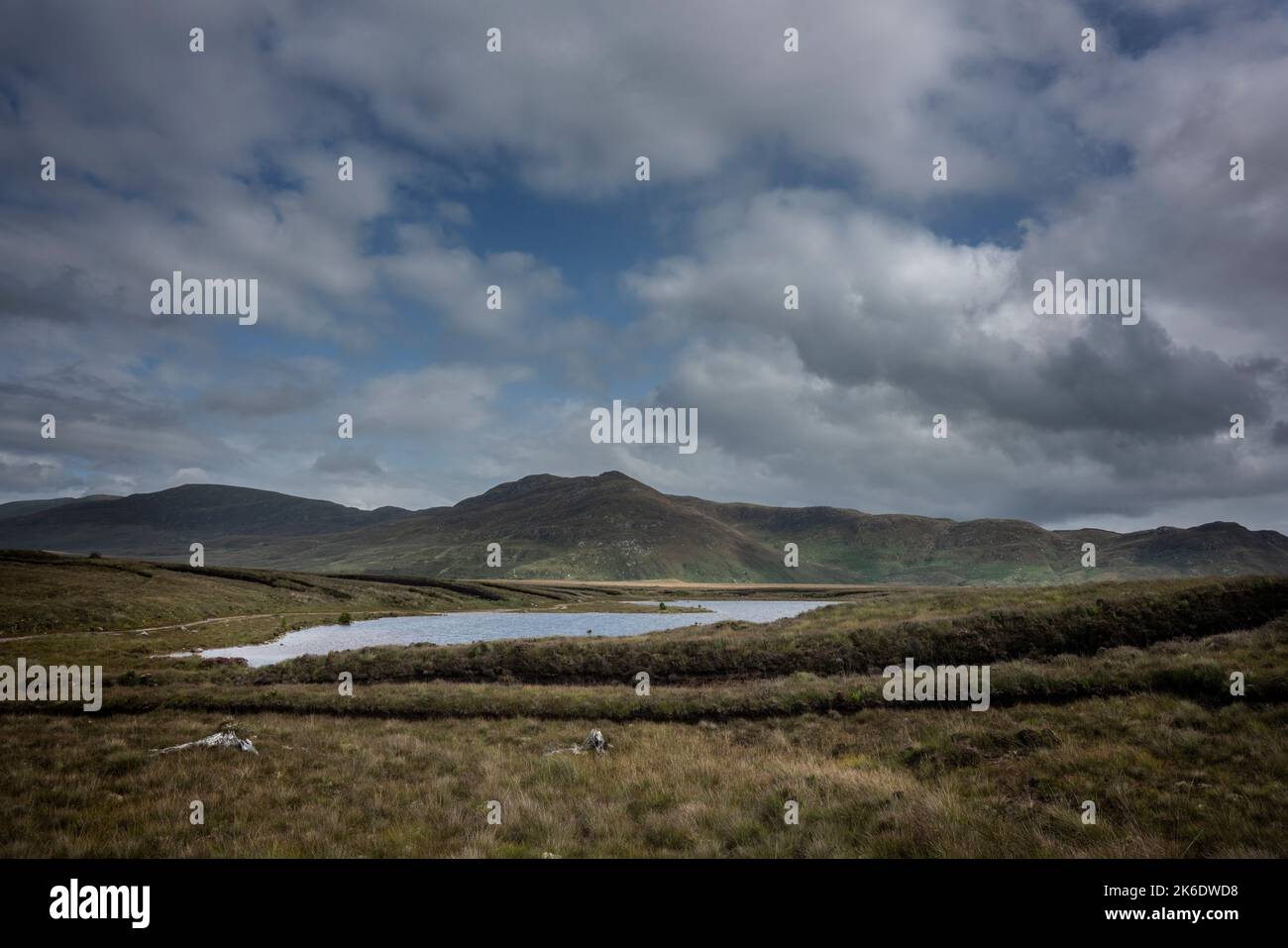 Wide landscape around Lough Gar, county Mayo, Ireland.Traces of turf ...