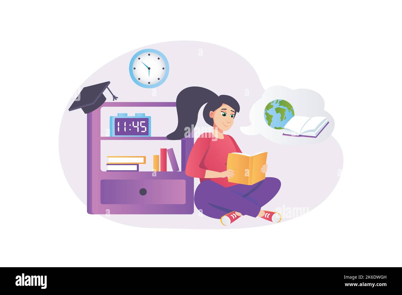 Learning process concept in flat style with people scene. Happy woman ...