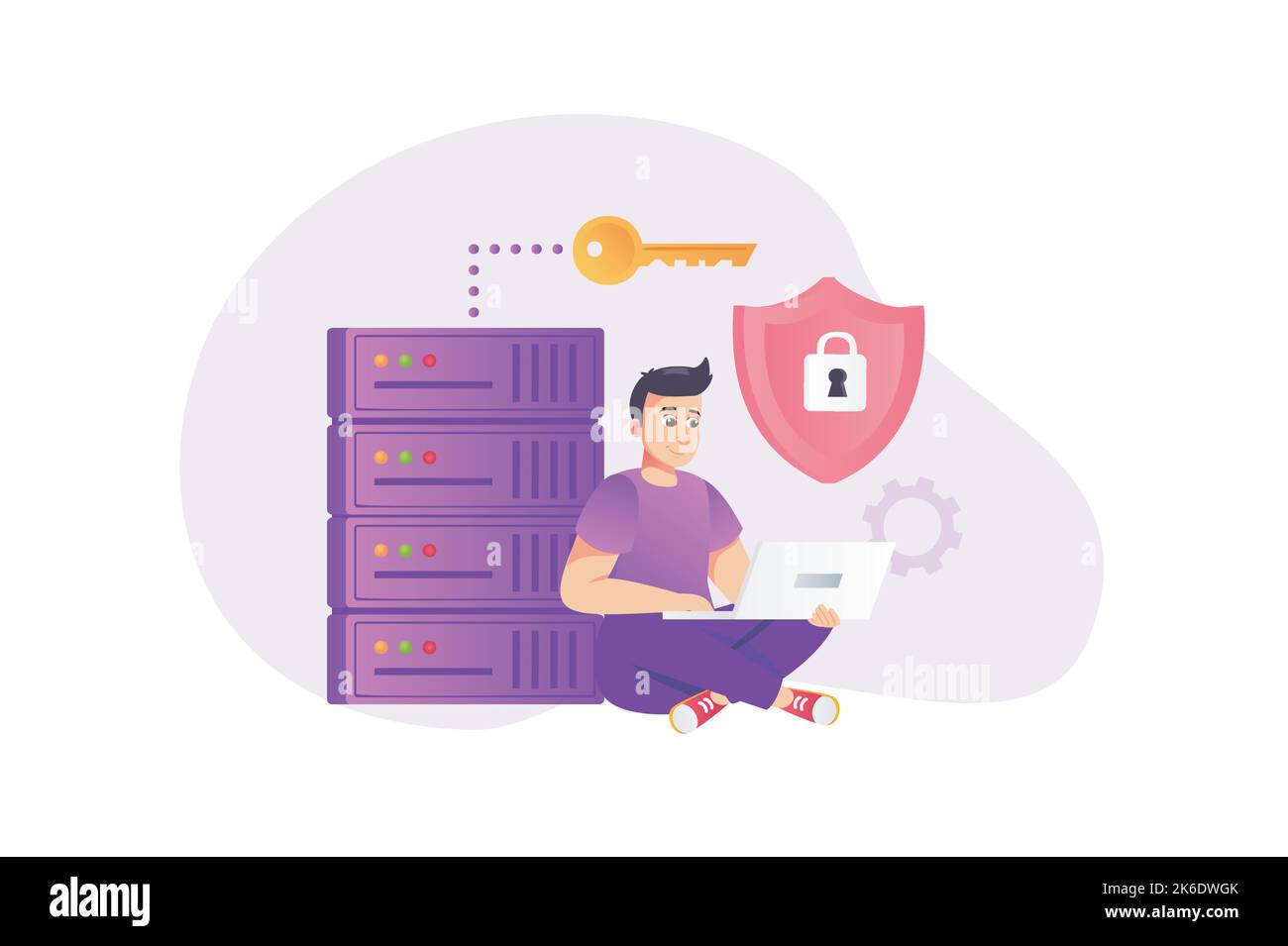 Cyber security concept in flat style with people scene. Happy man using ...