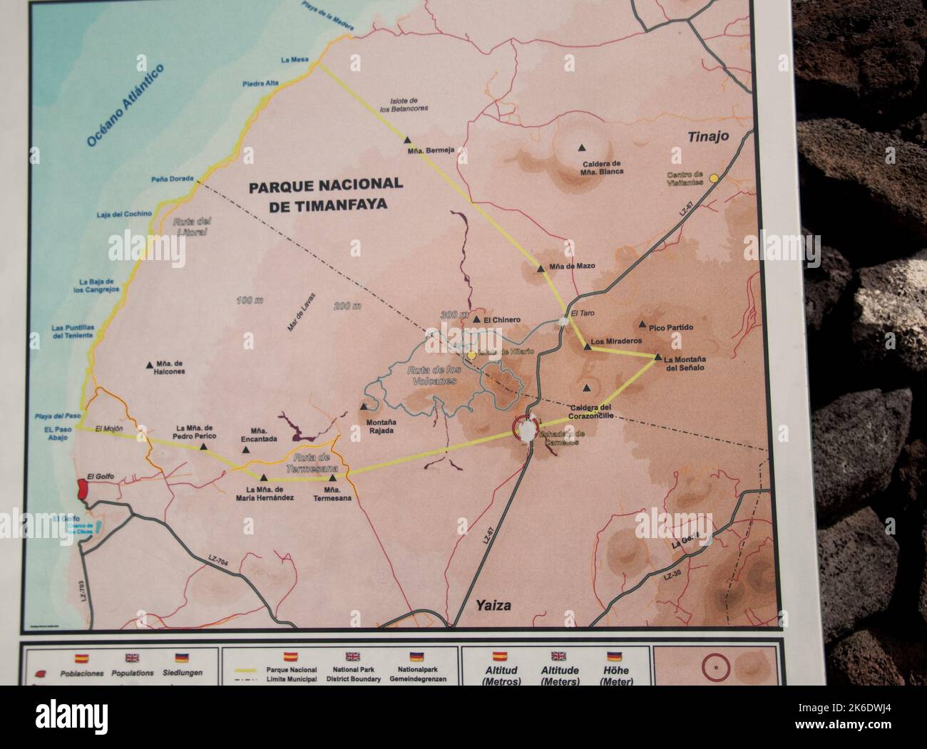 Map, Timanfaya National Park, Lanzarote, Canary Islands. Several ...