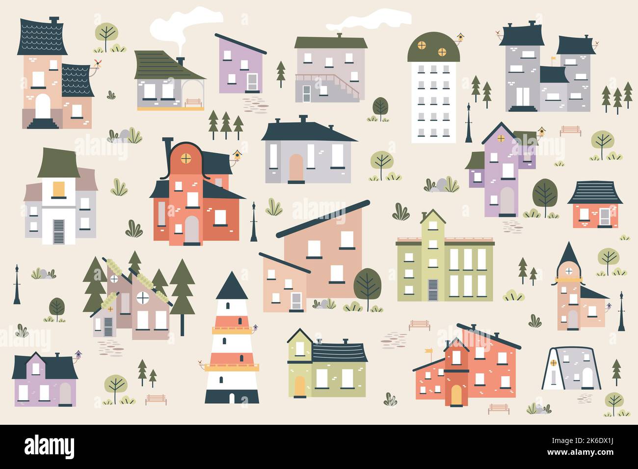 Different houses cute set in flat cartoon design. Bundle of apartment ...