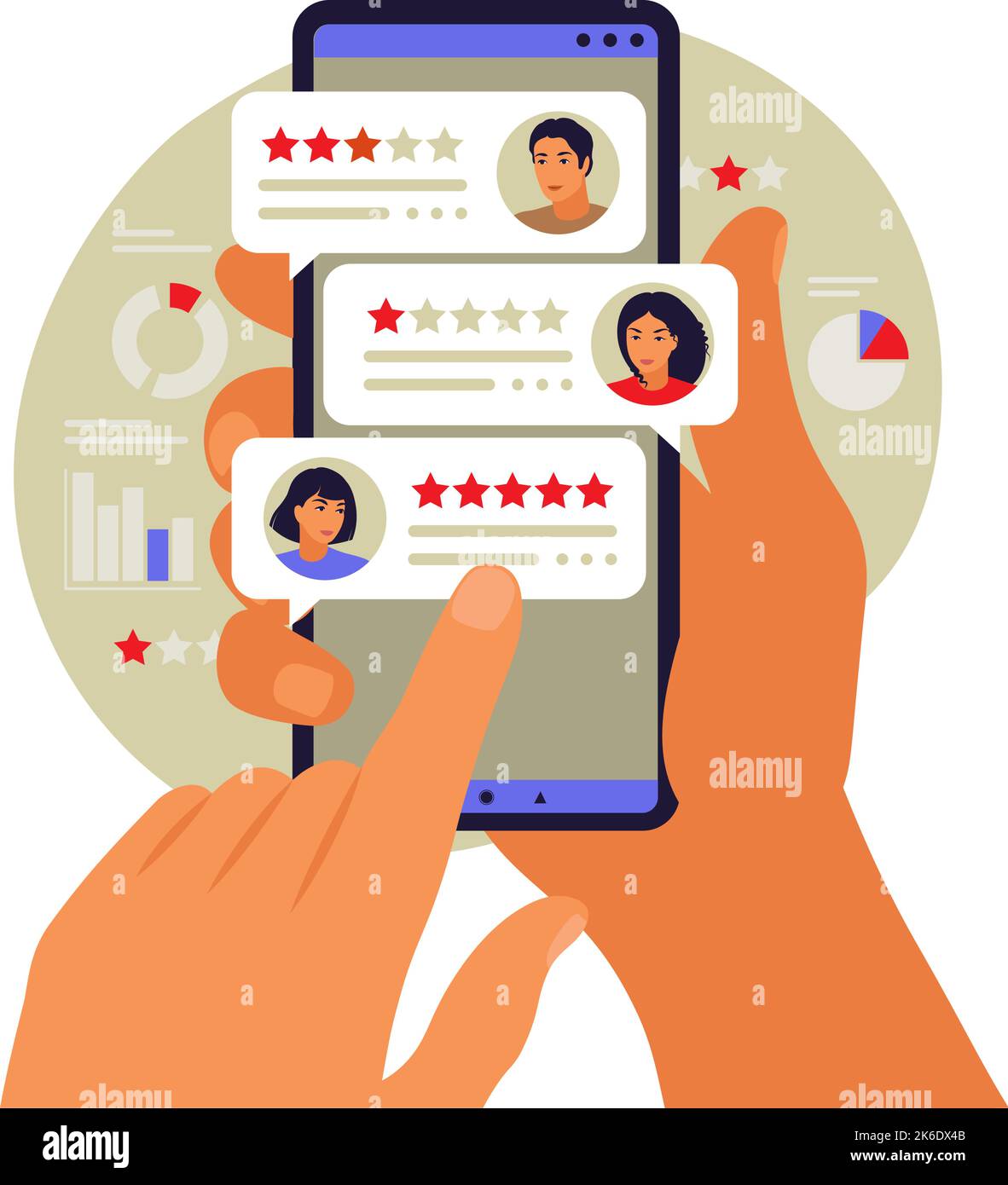 Online reviews concept. Star rating. Feedback concept. Bubble speeches on mobile phone. Vector ...