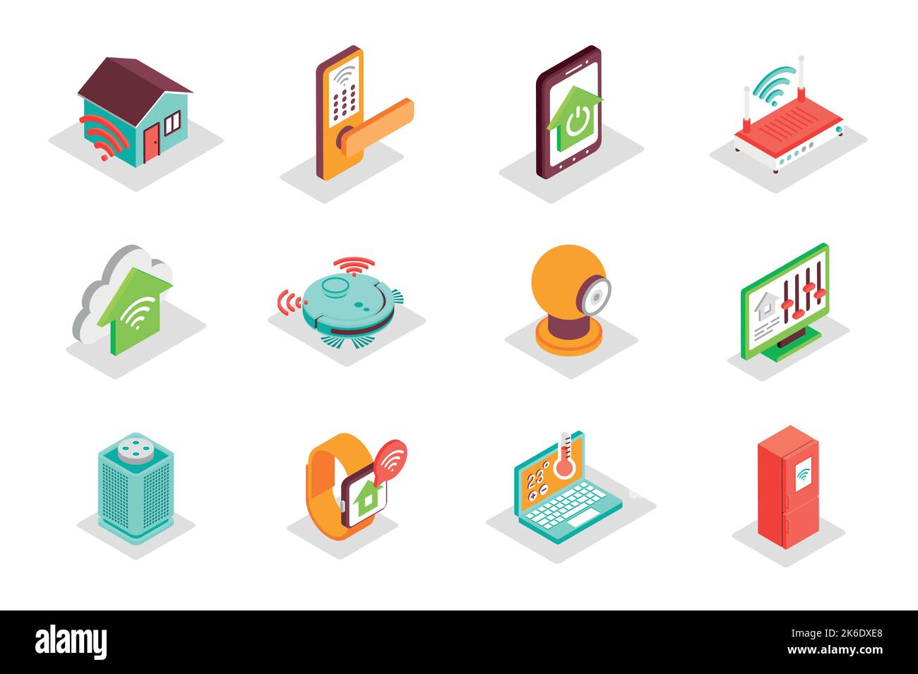 Smart Home concept 3d isometric icons set. Bundle elements of remote monitoring, automation ...
