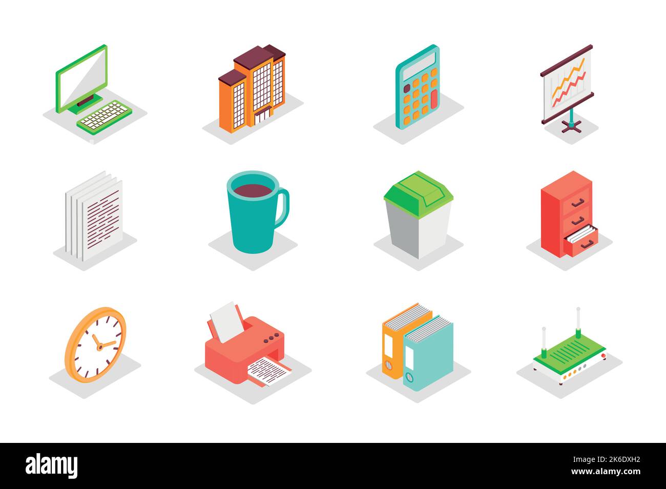 Office work concept 3d isometric icons set. Bundle elements of computer, calculator, data ...