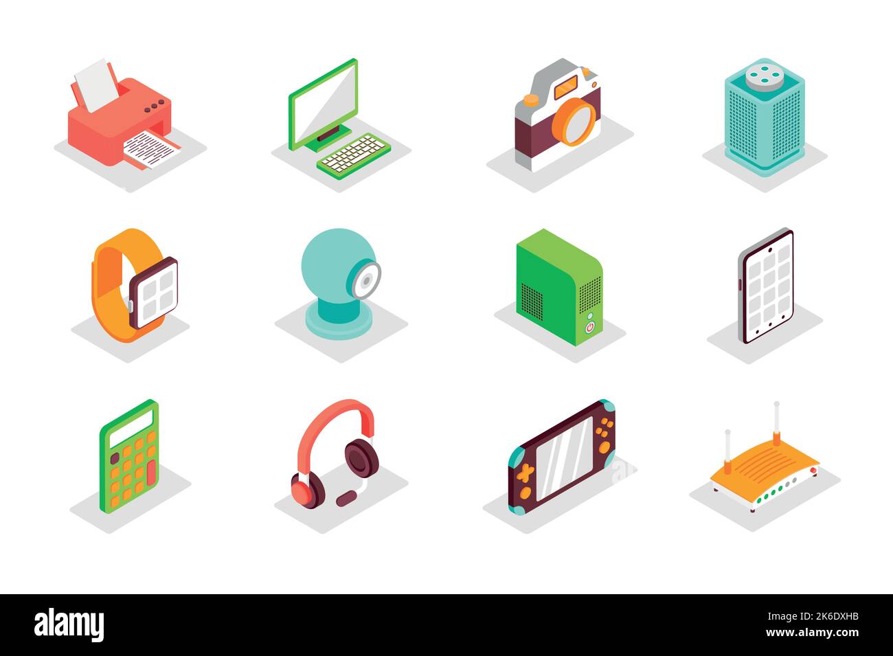 Electronics concept 3d isometric icons set. Bundle elements of printer ...