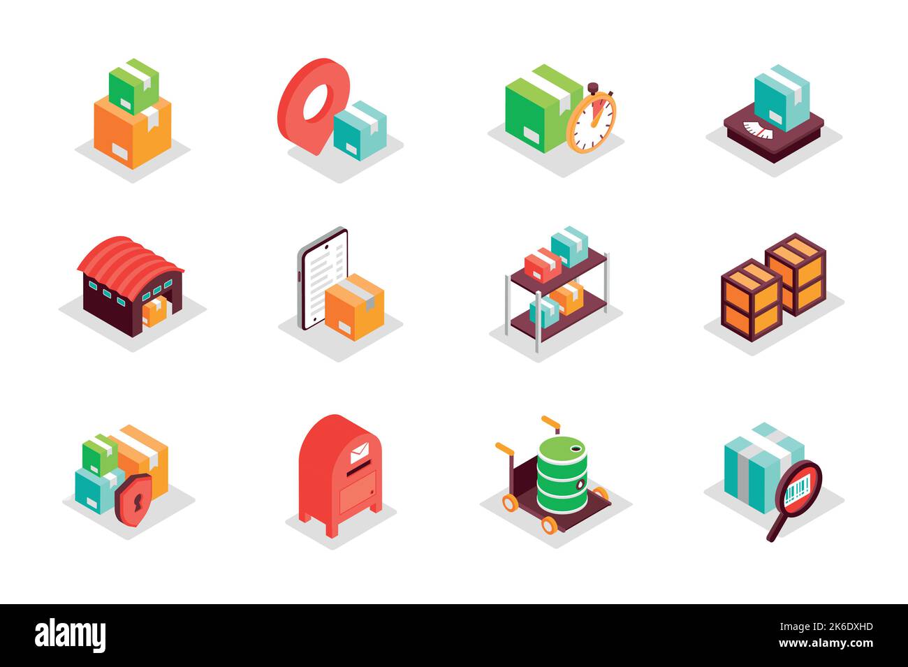 Logistics concept 3d isometric icons set. Bundle elements of parcel ...