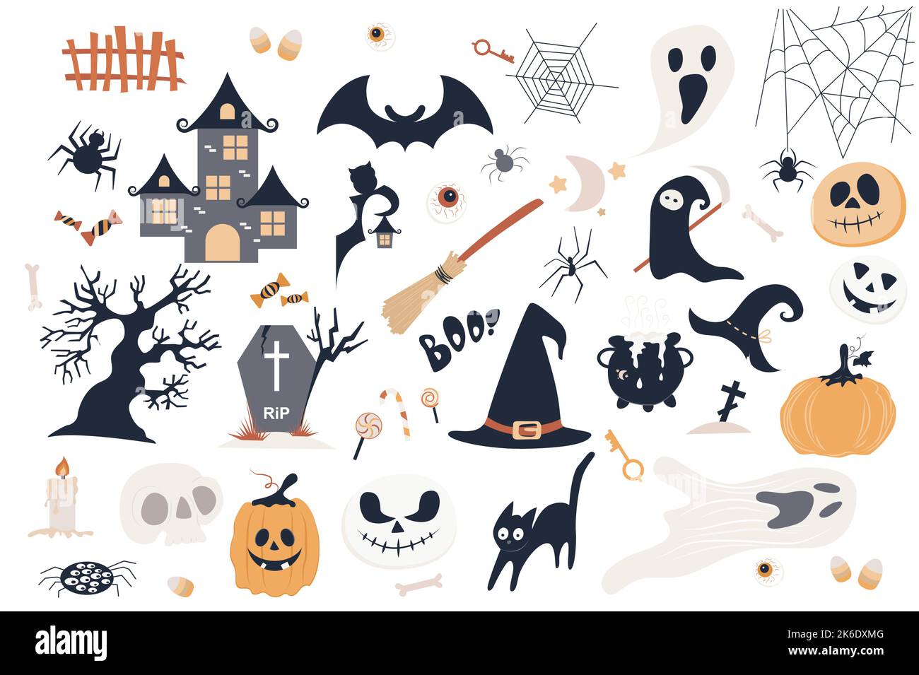 Halloween cute set in flat cartoon design. Bundle of old castle, bat ...