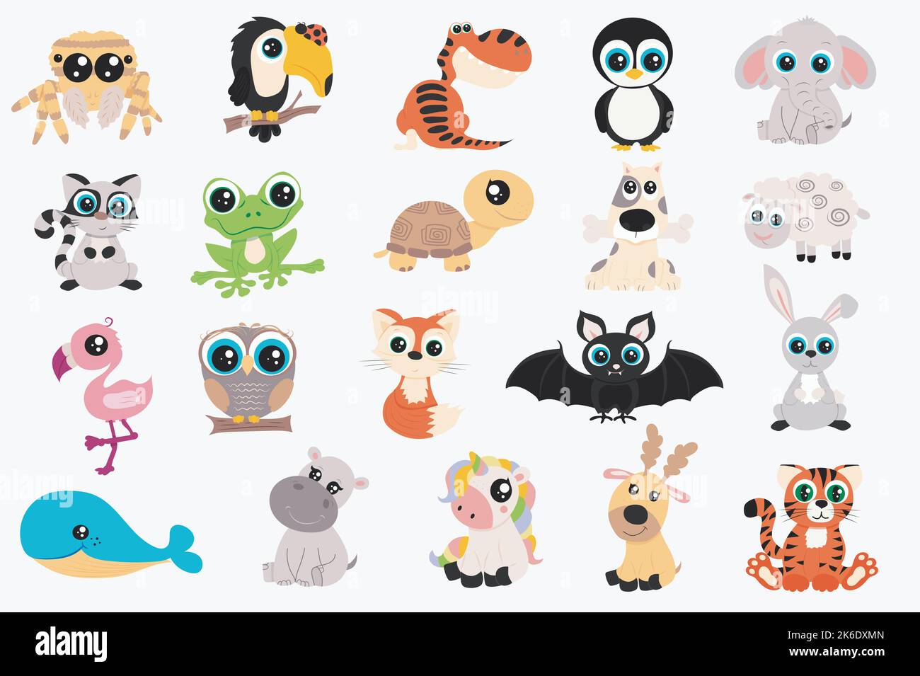 Cute animals set in flat cartoon design. Bundle of spider, toucan ...