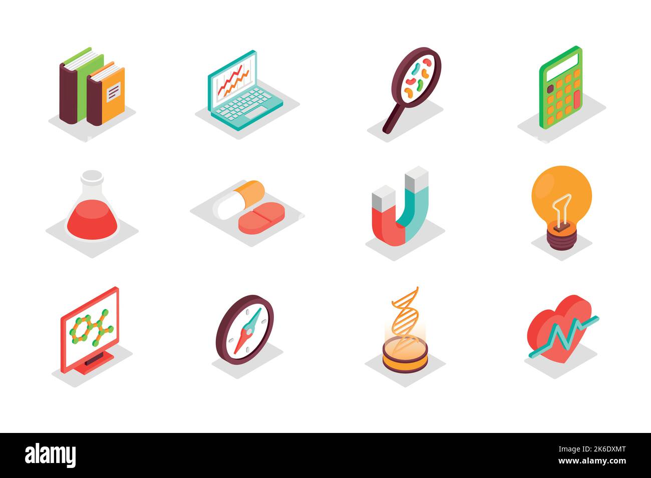 Science concept 3d isometric icons set. Bundle elements of book, data ...