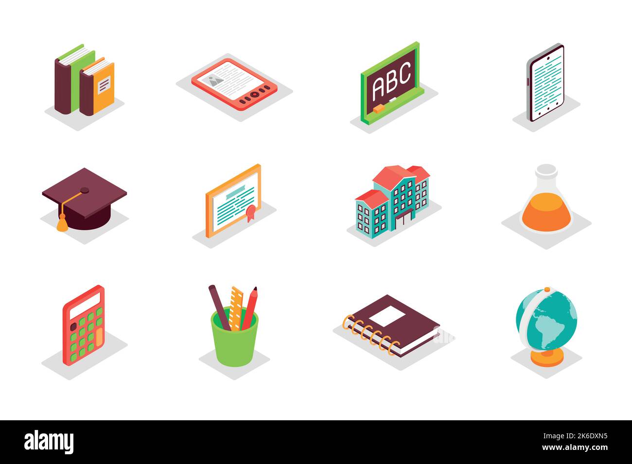Education concept 3d isometric icons set. Bundle elements of textbook ...