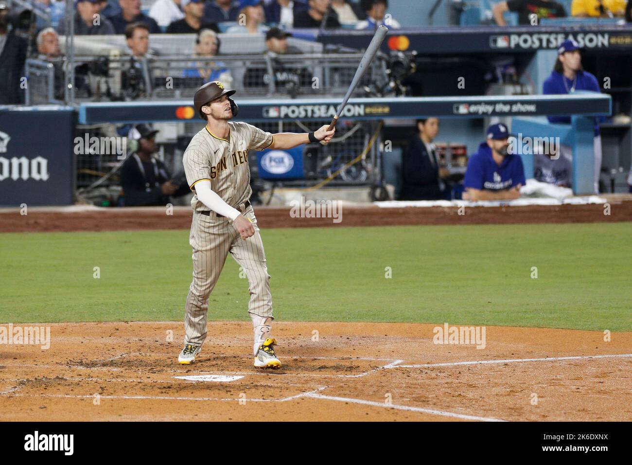 San Diego Padres first basemen Wil Myers (5) watches his ball in flight ...