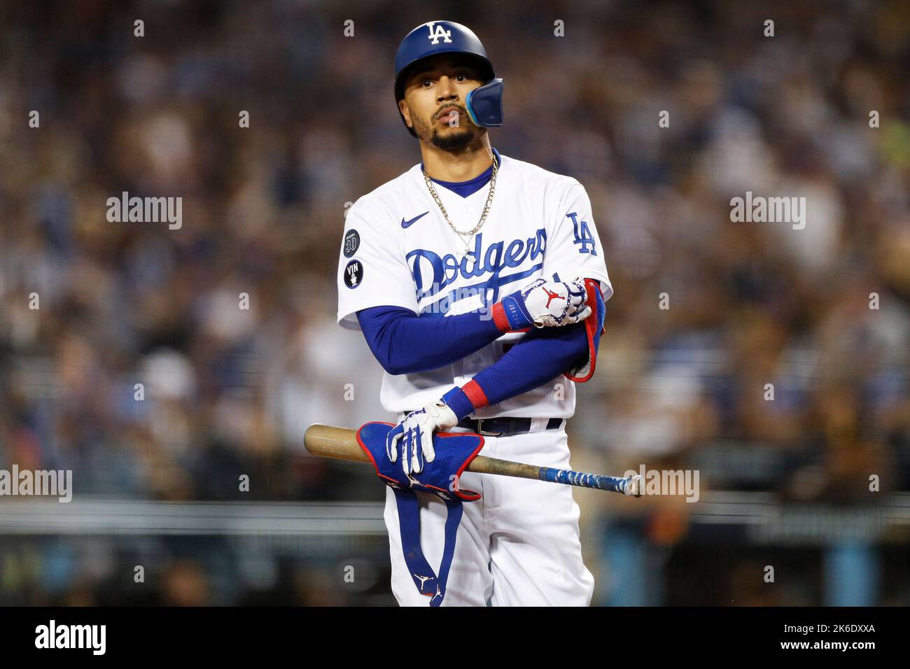 Los Angeles Dodgers right fielder Mookie Betts (50) reacts after ...