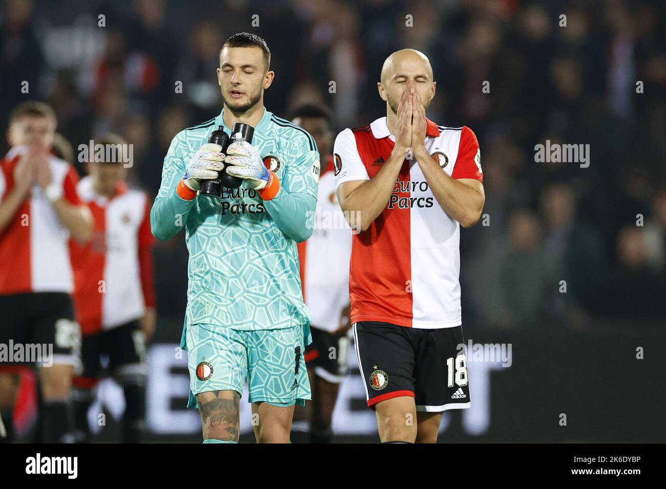 ROTTERDAM - (lr), Feyenoord goalkeeper Justin Bijlow, Gernot Trauner of Feyenoord disappointed ...