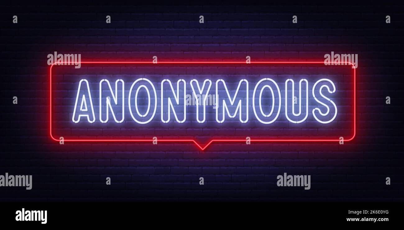 Anonymous neon sign in the speech bubble on brick wall background Stock ...