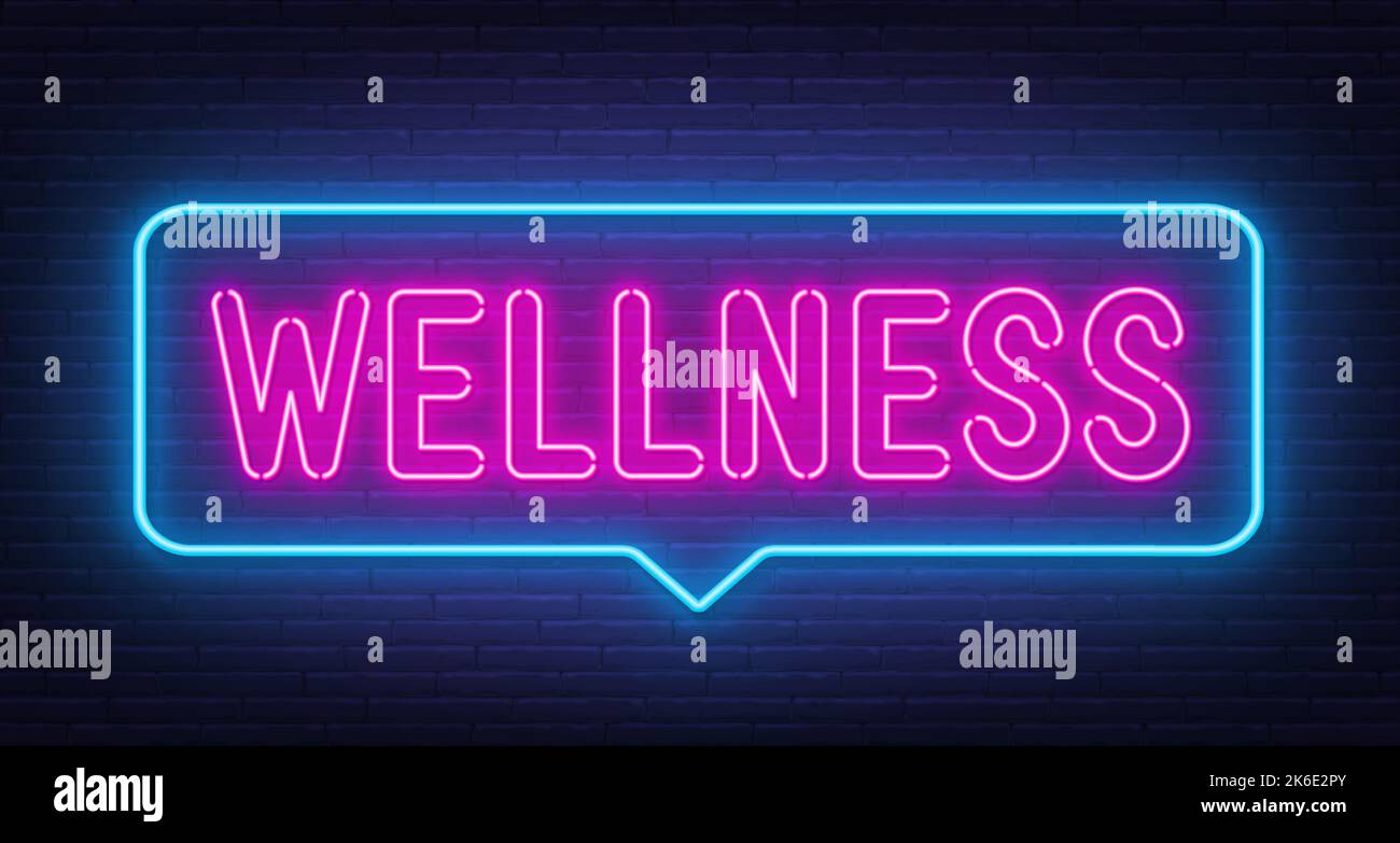 Wellness neon sign in the speech bubble on brick wall background Stock ...