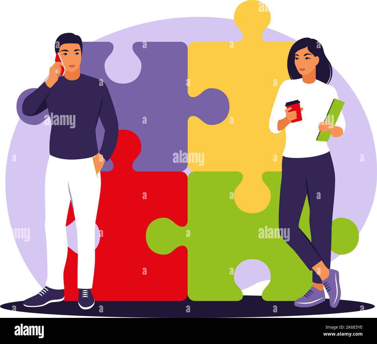 Business team putting together puzzle. Cartoon partners working in ...