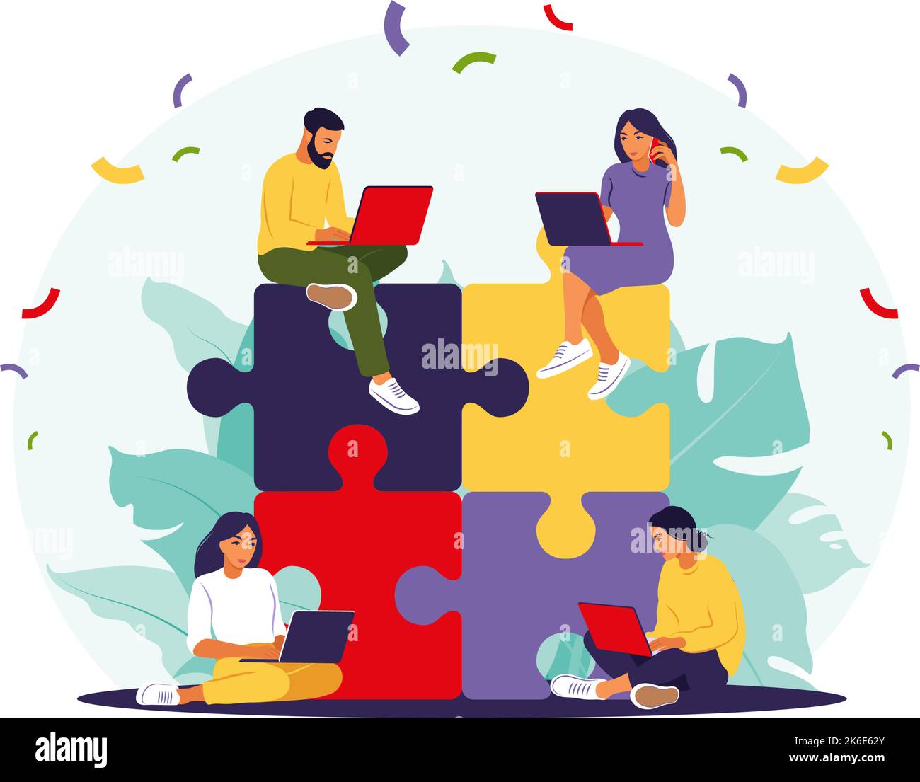 Business team putting together puzzle. Cartoon partners working in ...