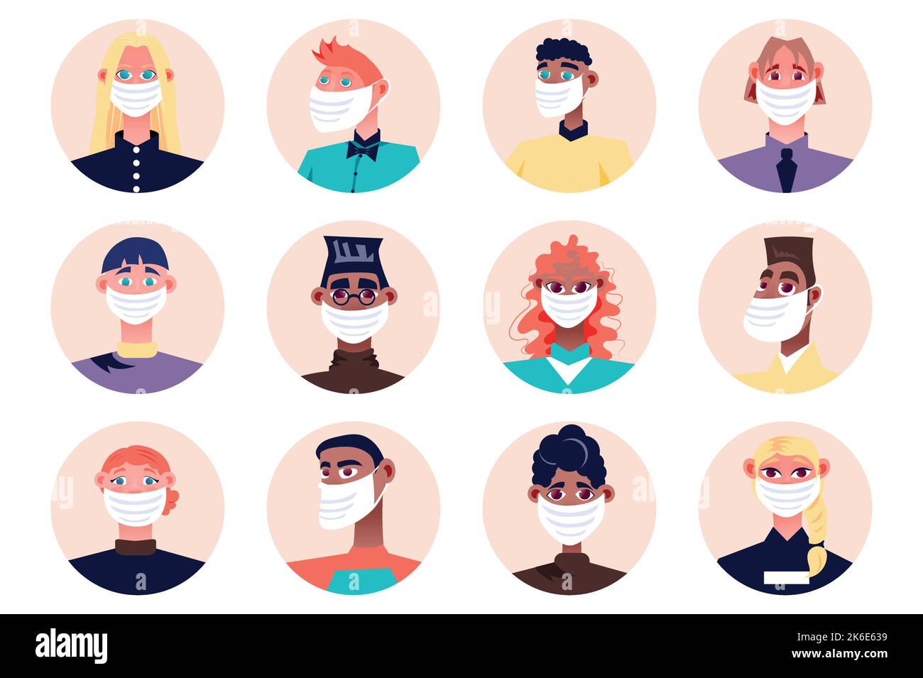 People in medical masks avatars isolated set. Diverse men and women wearing protective masks ...